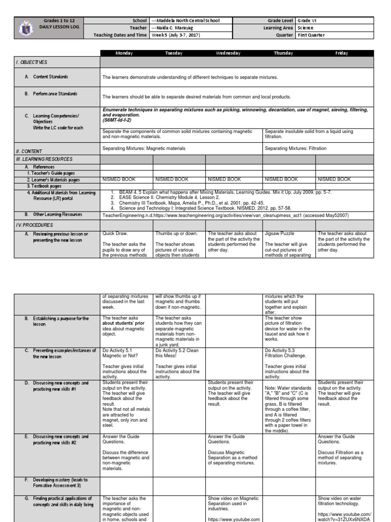 DLL Science Quarter 1 Week 5 | Filtration | Teachers