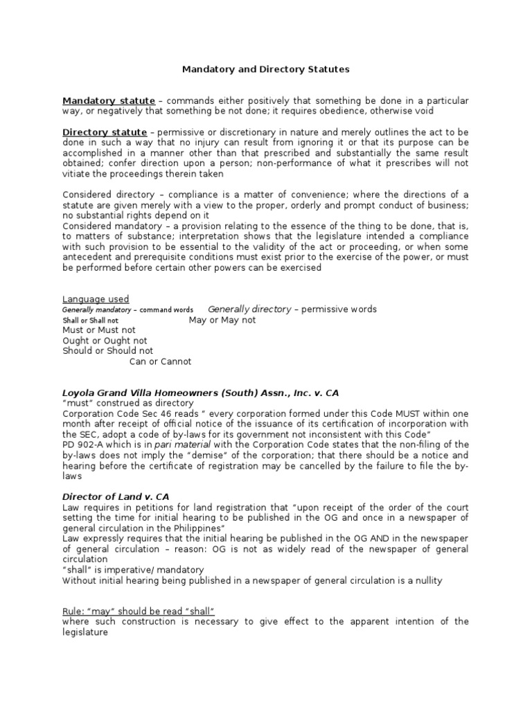 Statcon - Mandatory and Directory Statutes | Download Free PDF ...