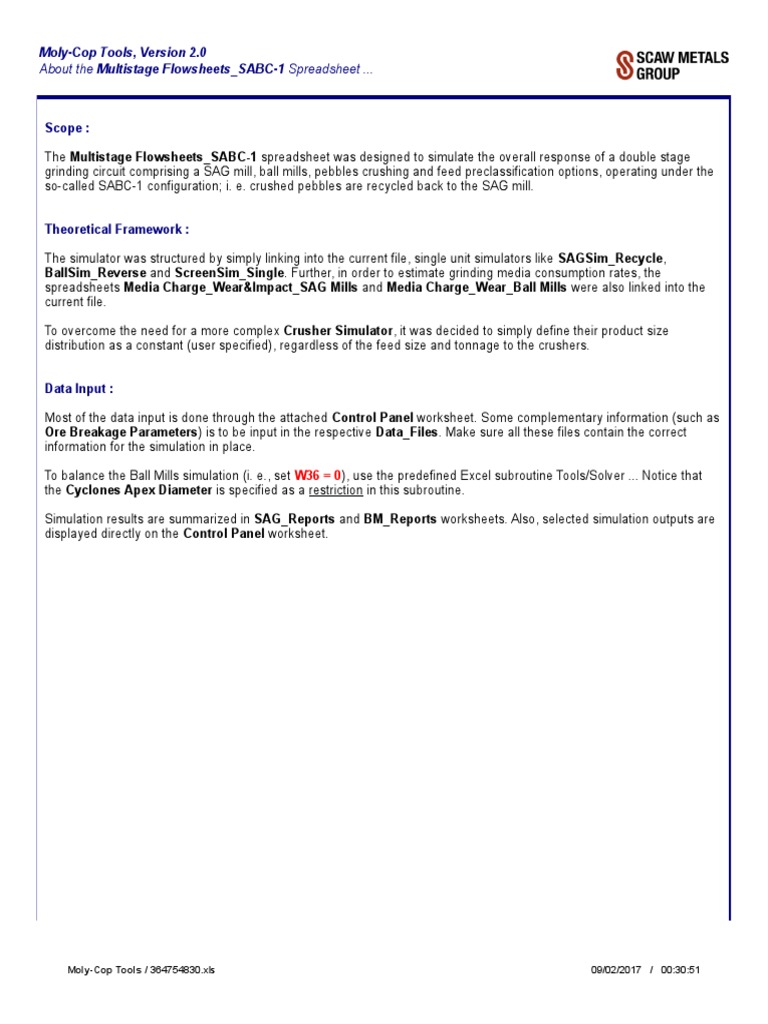 SABC-1 Grinding Circuit Simulator Spreadsheet | PDF | Mill (Grinding) | Ton