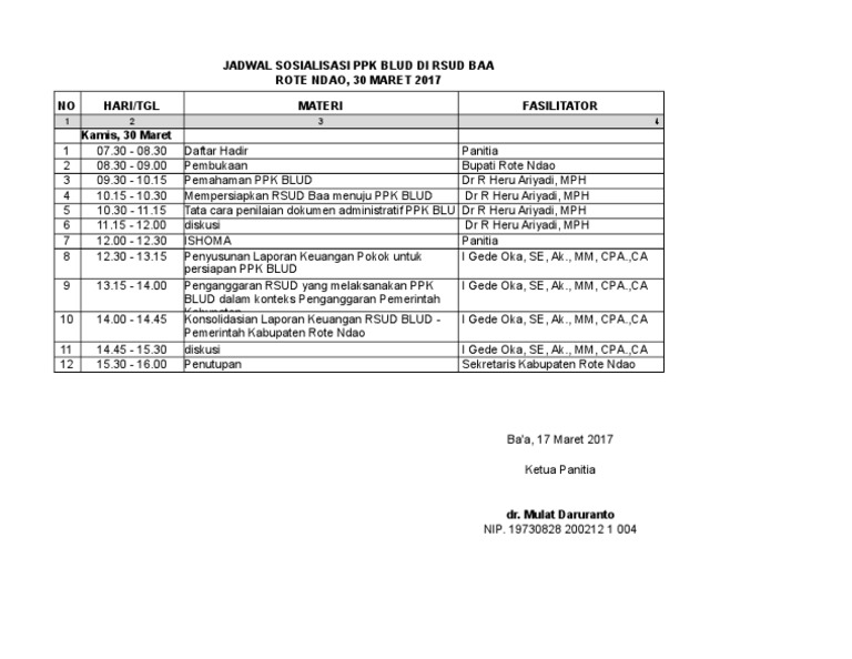 Jadwal Sosialisasi PPK BLUD - Rev | PDF