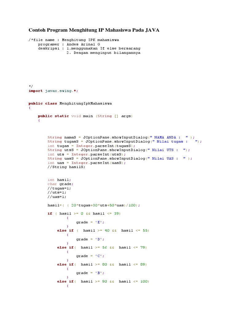 Contoh Program Menghitung Ip Mahasiswa Pada Java | PDF