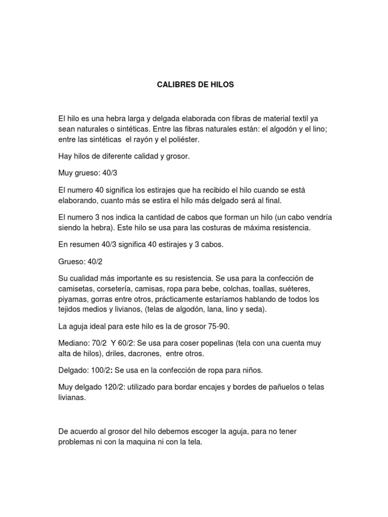 Calibres y uso de hilos textiles | PDF | Textiles | Algodón