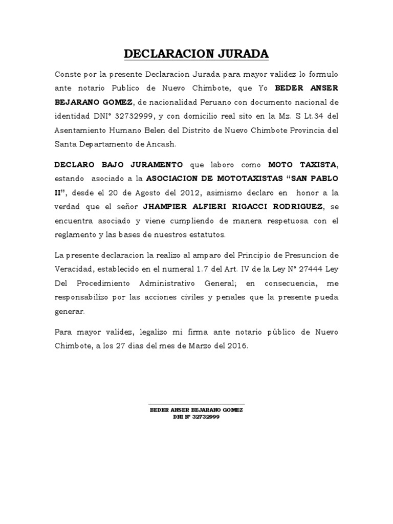 DECLARACION JURADA | Información del gobierno | Justicia
