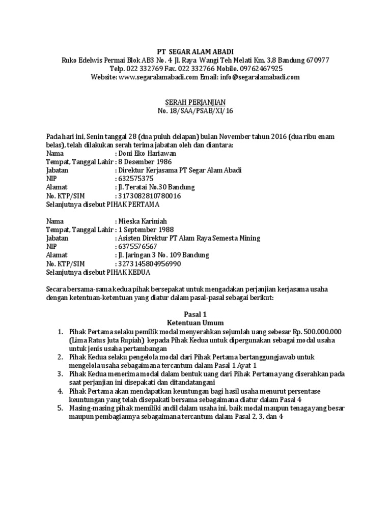 Contoh Surat Perjanjian Kerjasama Bagi Hasil Antar Perusahaan | PDF