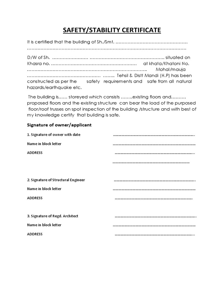 Safety/Stability Certificate: Signature of Owner/applicant | PDF