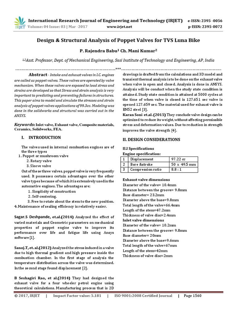 Design & Structural Analysis of Poppet Valves For TVS Luna Bike | PDF | Young's Modulus ...