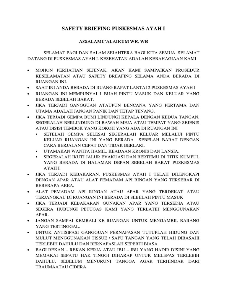 Safety Briefing Puskesmas Ayah I | PDF