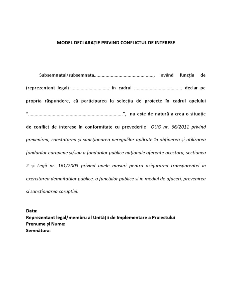 Anexa 3 Declaratie Privind Conflict de Interese - Model | PDF