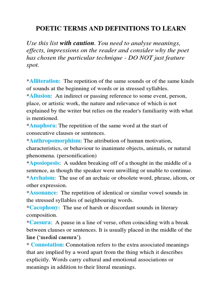 Poetic Terms and Definitions To Learn | PDF | Metre (Poetry) | Poetry