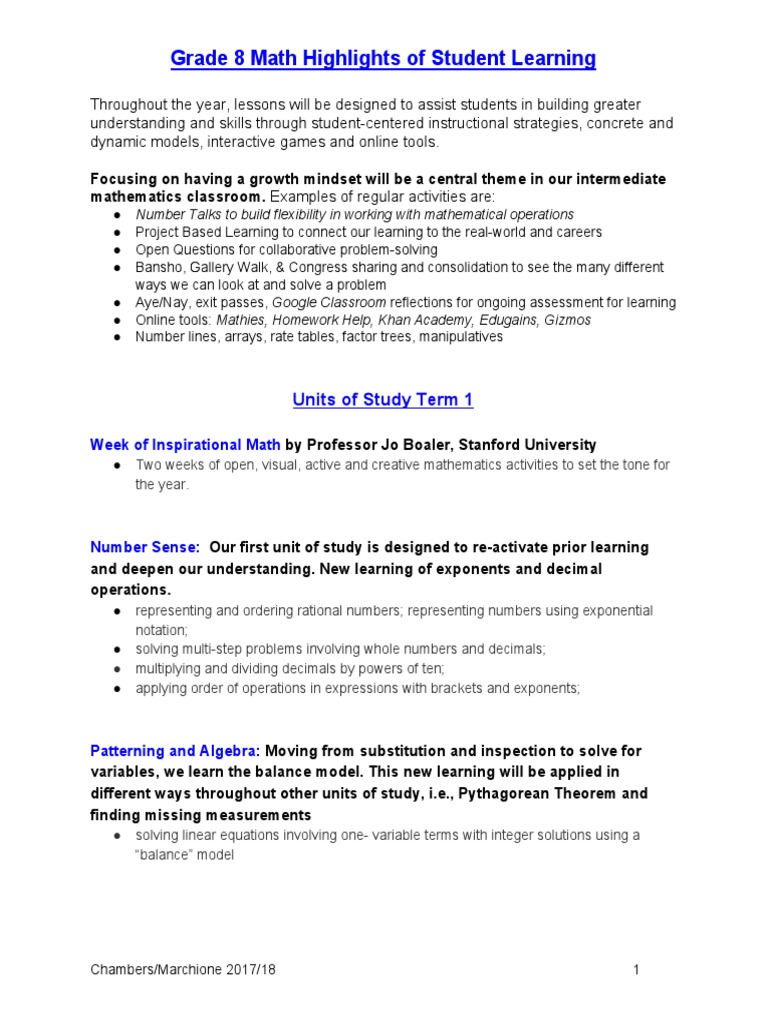 gr8 Math Overview 201718 1 | PDF | Teaching Mathematics | Science