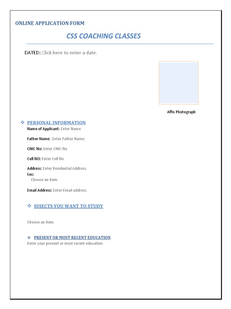 Application Form For Admission in CSS Coaching Classes | PDF
