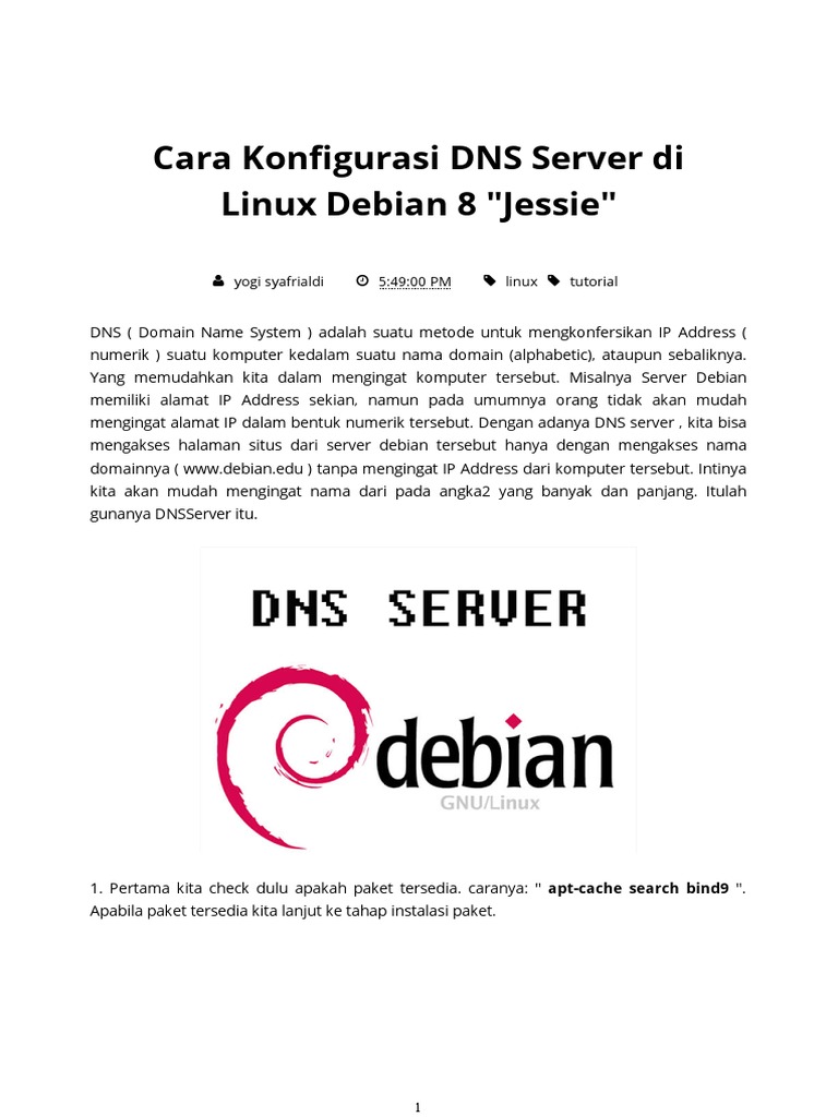 Cara Konfigurasi DNS Server Di Linux Debian 8 - Jessie - Bacacoding | PDF