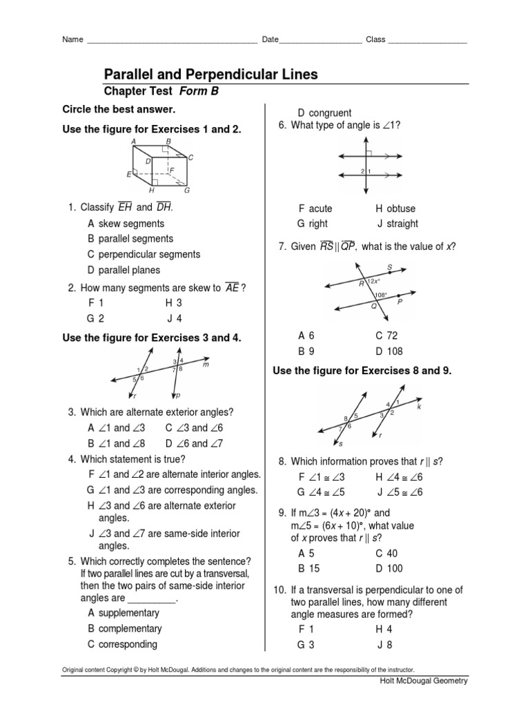 Parallel and Perpendicular Lines: Chapter Test Form B | PDF | Angle ...