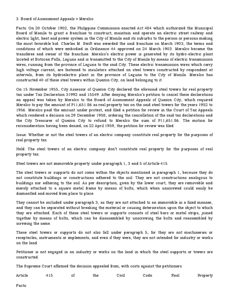 Board of Assessment Appeals v. Meralco - Case Digest | PDF | Government | Justice