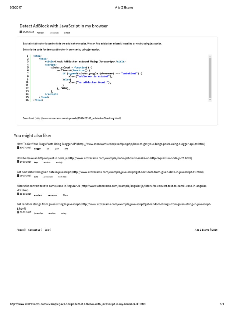 Detect Adblock With Javascript A To Z Exams Pdf Java Script Angular Js 0467