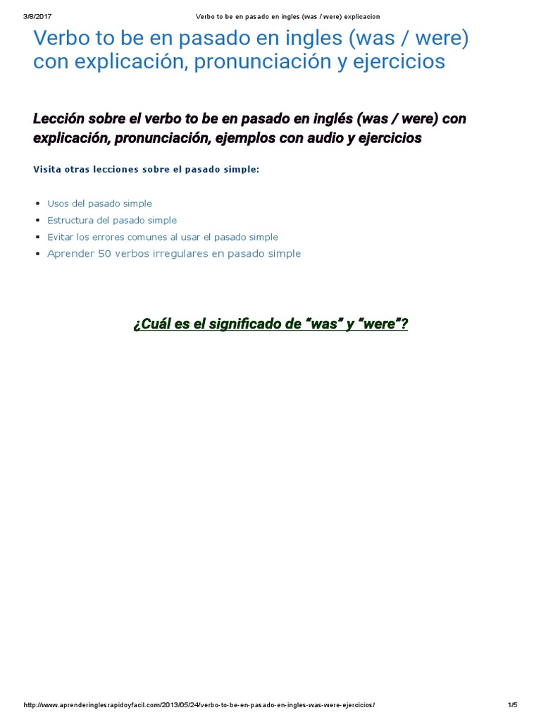 Verbo To Be en Pasado en Ingles (Was - Were) | Descargar gratis PDF ...