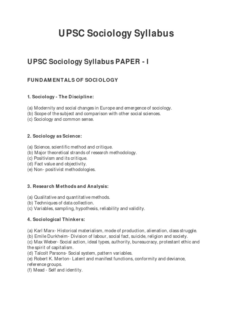 UPSC Sociology Syllabus PAPER - I | PDF | Social Stratification | Sociology