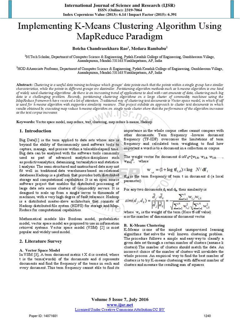 Implementing K-Means Clustering Algorithm Using Mapreduce Paradigm | PDF | Map Reduce | Apache ...