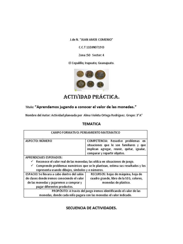 Act Practica Juguemos Aprendiendo El Valor de Las Monedas | PDF ...