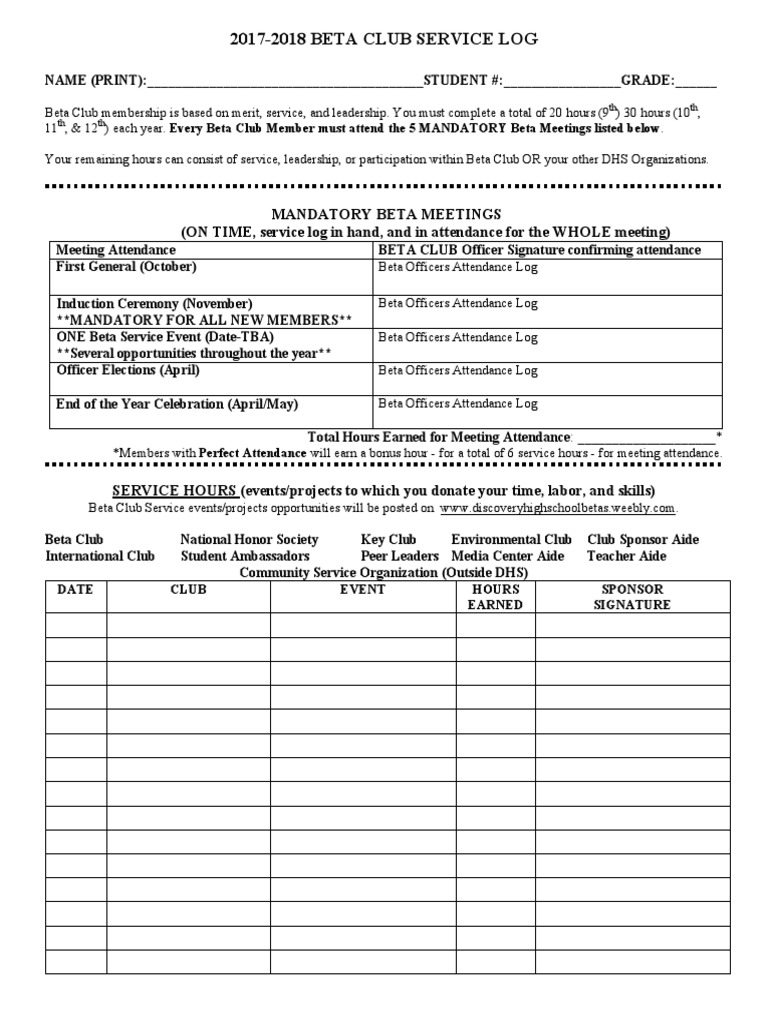 Beta Club Service Log | PDF