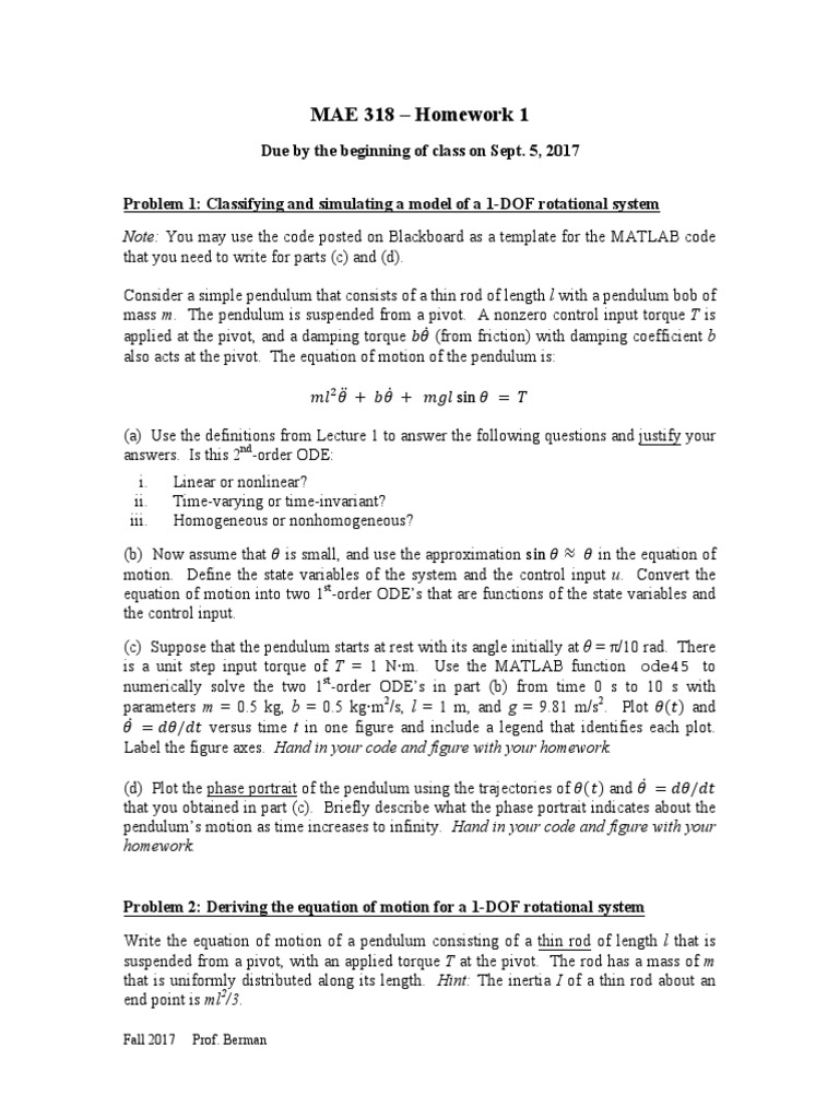 MAE 318 Homework 1 F17 | PDF | Equations Of Motion | Pendulum