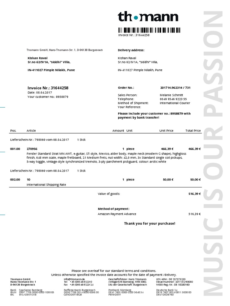 Invoice NR.: 31644258: Thomann GMBH, Hans-Thomann-Str. 1, D-96138 ...