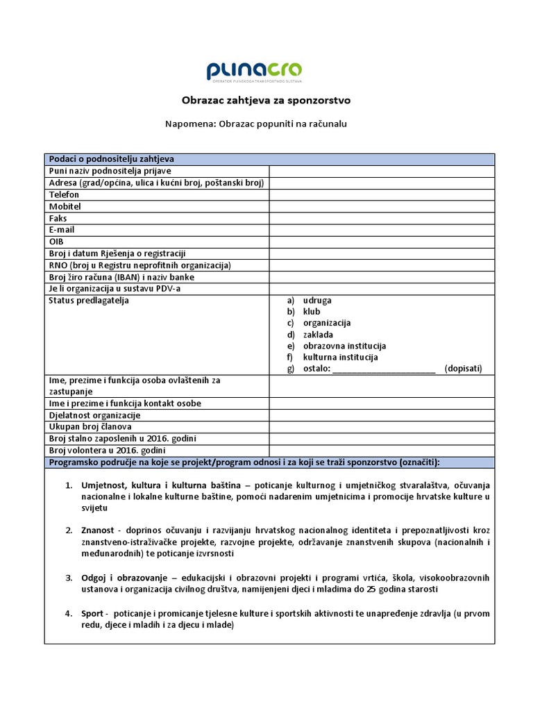 Obrazac Za Prijavu Sponzorstvo 2017 | PDF