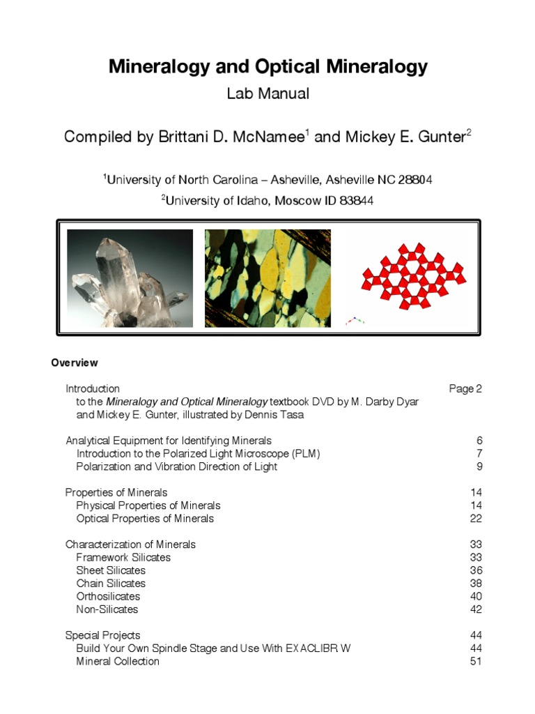 Mineralogy and Optical Mineralogy: Lab Manual Compiled by Brittani D ...