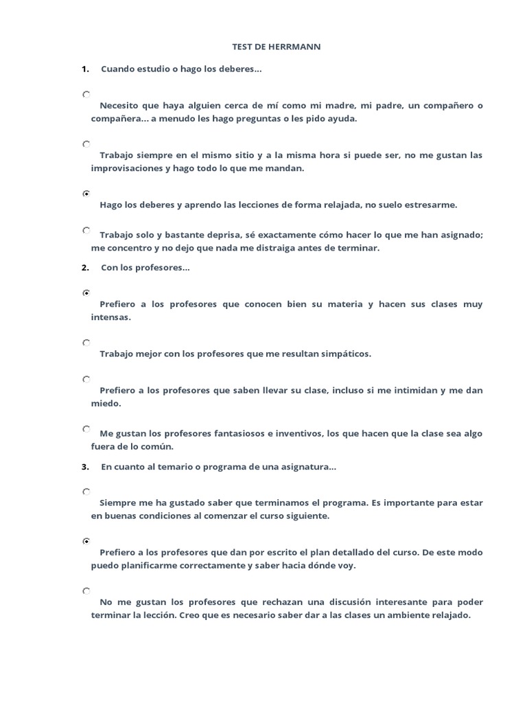Test de Herrmann | Prueba (evaluación) | Aprendizaje