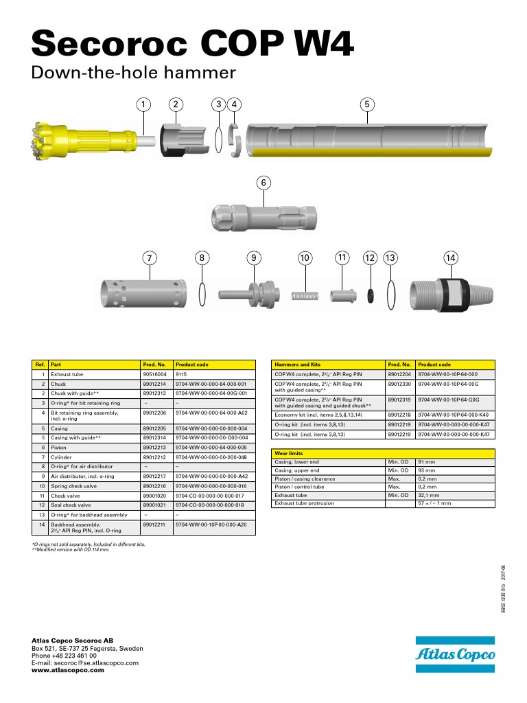 Secoroc COP W4 Down-the-hole Hammer Parts List and Specifications | PDF | Piston | Mechanical ...