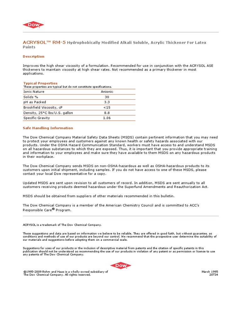 Acrysol™ Rm-5: Hydrophobically Modified Alkali Soluble, Acrylic ...