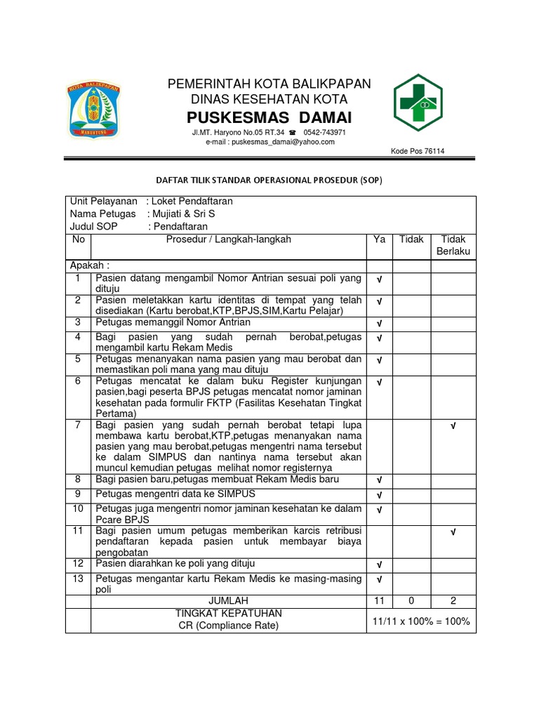 DAFTAR TILIK SOP Pendaftaran | PDF