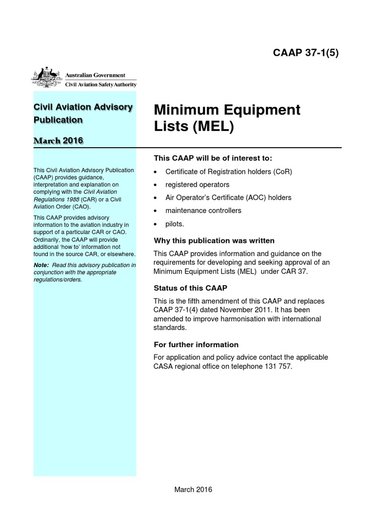 Minimum Equipment Lists (MEL) : Civil Aviation Advisory Publication ...
