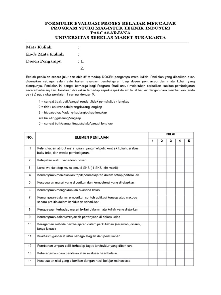 Formulir Evaluasi Proses Belajar Mengajar | PDF