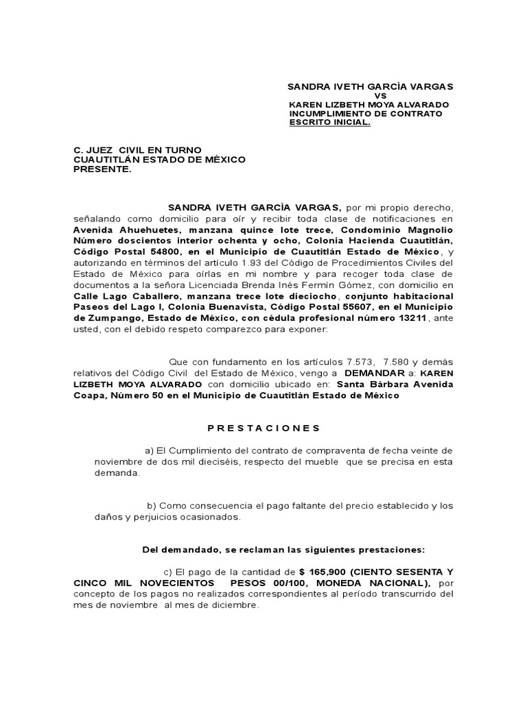 Escrito Inicial de Demanda Compraventa | Pagos | Demanda judicial ...