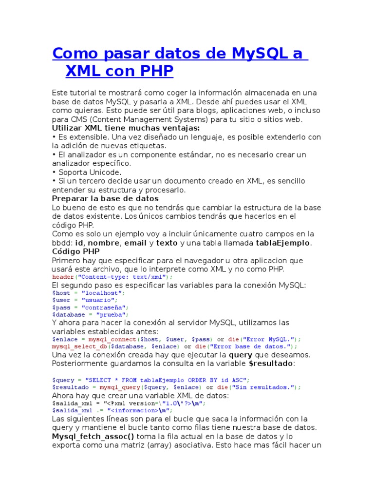Como Pasar Datos de MySQL A XML Con PHP | PDF | Php | Mi sql