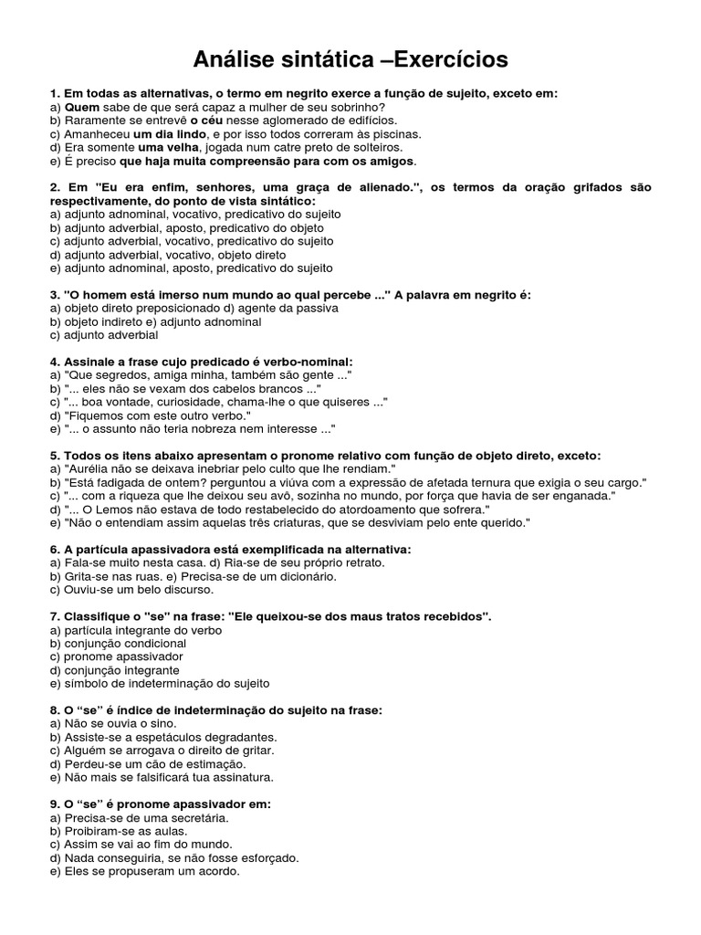 PORTUGUÊS - Análise sintática exercício.pdf | Assunto (Gramática) | Predicado (Gramática)