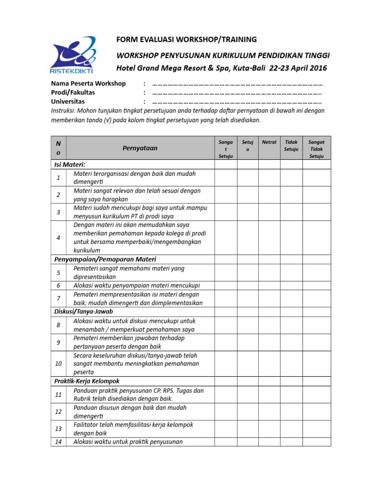 Form Evaluasi Workshop Pelatihan Form Evaluasi Workshop Pelatihan