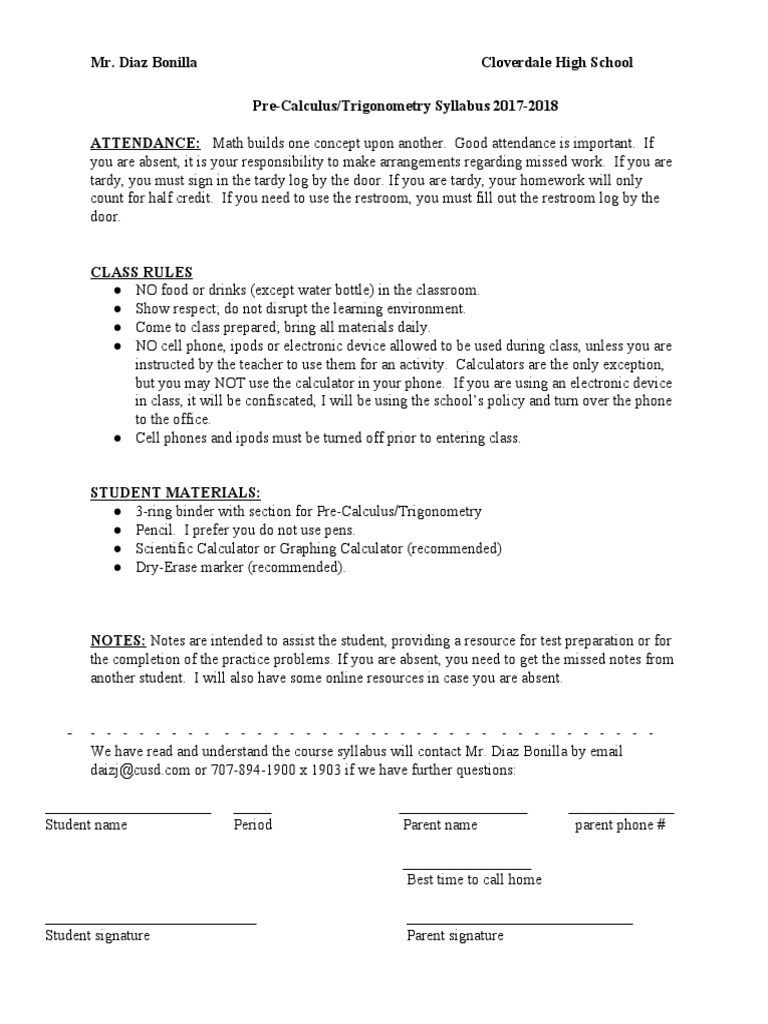 Pre-Calculus/Trigonometry Syllabus | PDF | Teaching Mathematics