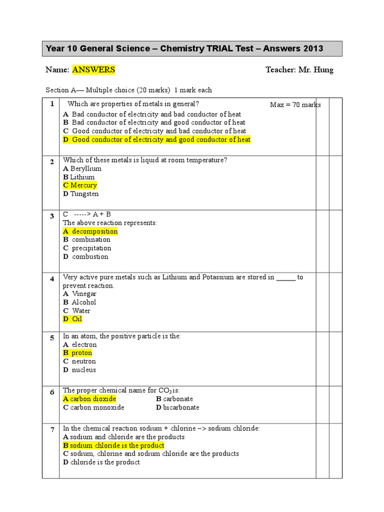 Year 10 Chemistry Test Answers 2013 | PDF | Ionic Bonding | Ion