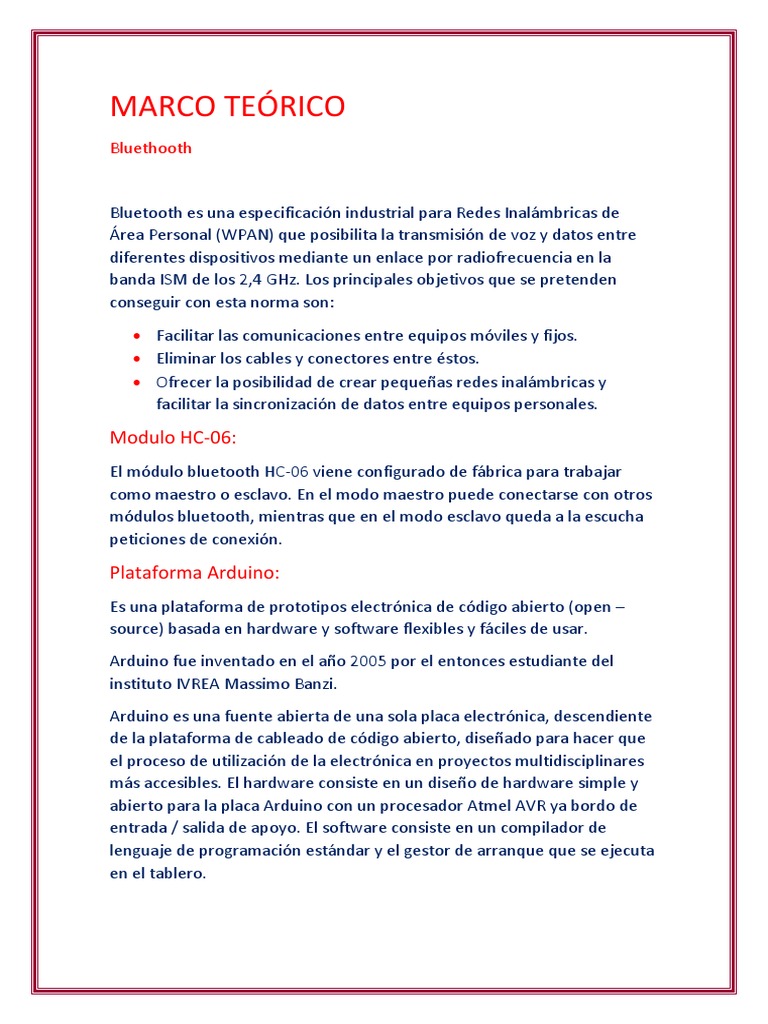 Marco Teórico | PDF | Arduino | Bluetooth