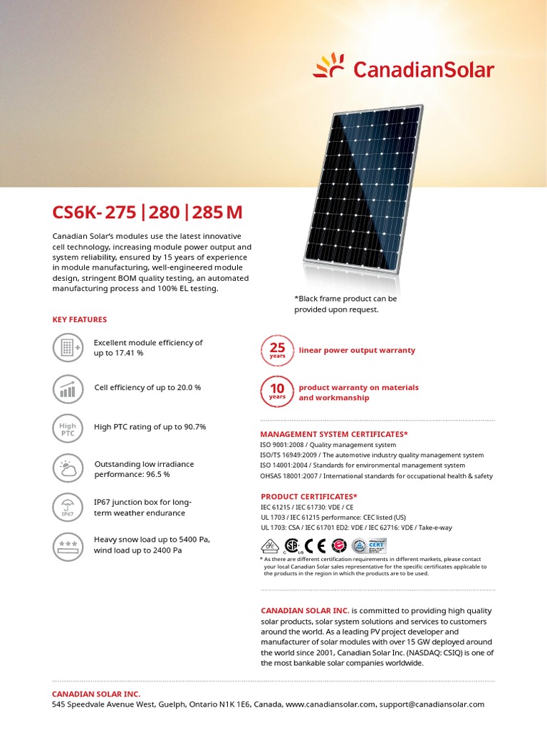 Canadian Solar Datasheet CS6K M | PDF | Electrical Engineering | Energy ...