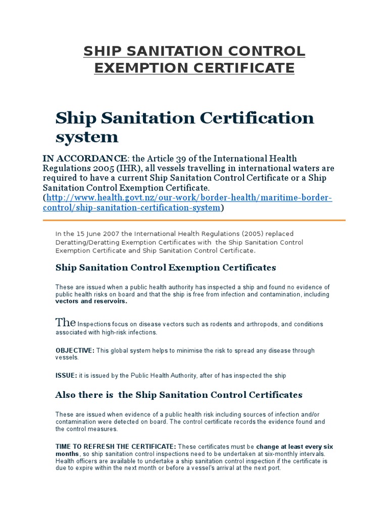 Ship Sanitation Control Exemption Certificate | PDF | Sanitation ...