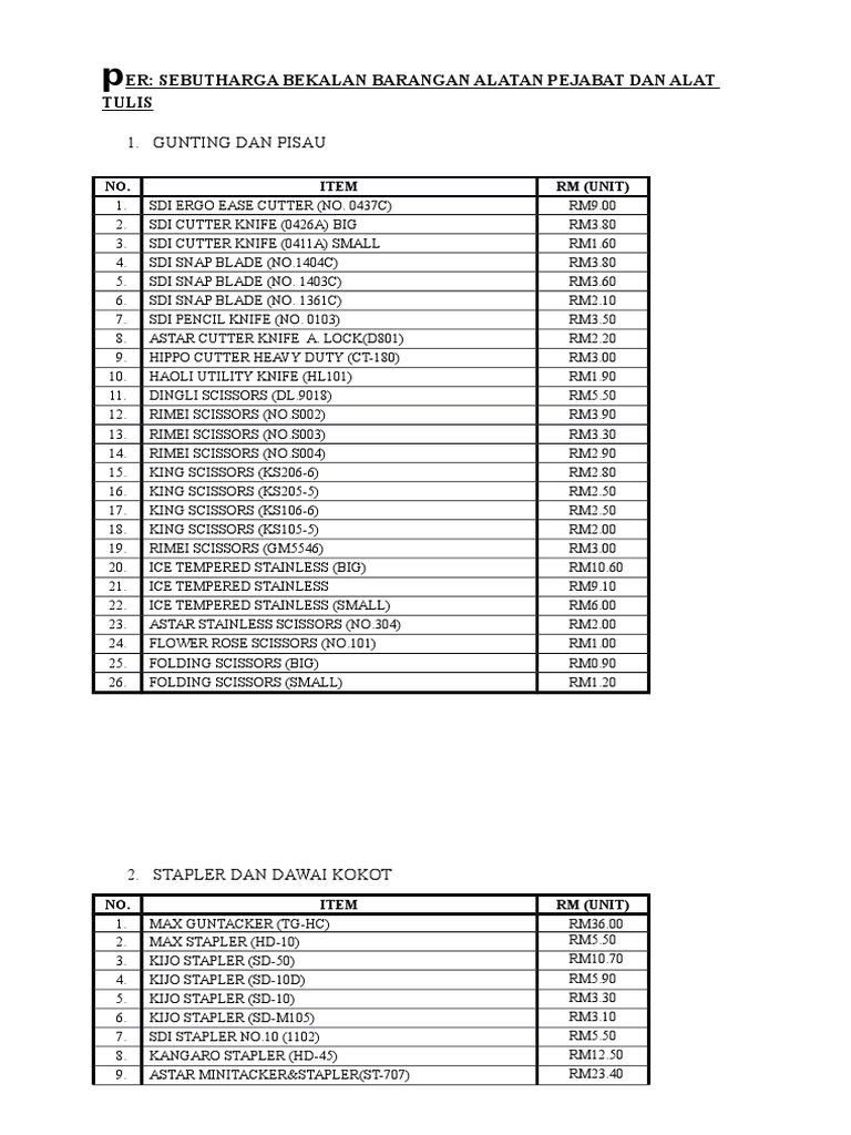 1. Gunting Dan Pisau: Er: Sebutharga Bekalan Barangan Alatan Pejabat ...