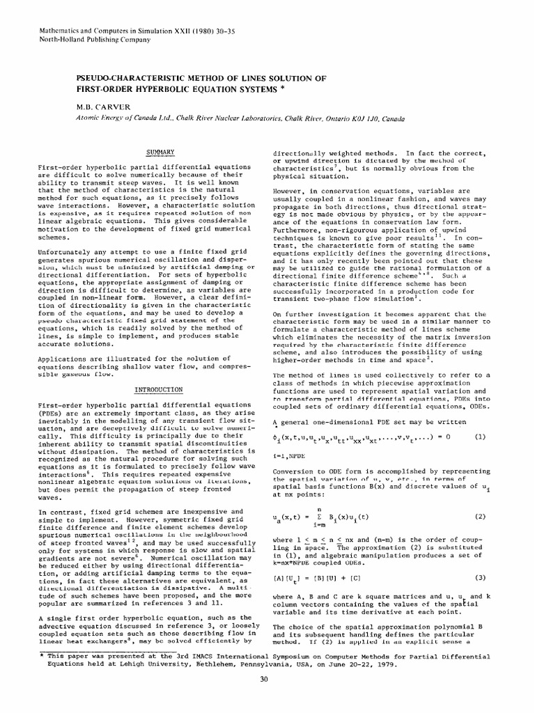 CARVER, Pseudo Characteristic Method of Lines Solution of First Order ...