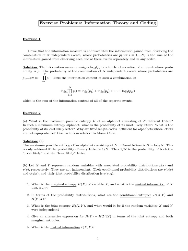 Information Theory Exercises and Solutions | PDF | Spectral Density ...