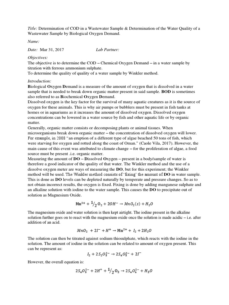 Title: Determination of COD in A Wastewater Sample & Determination of ...
