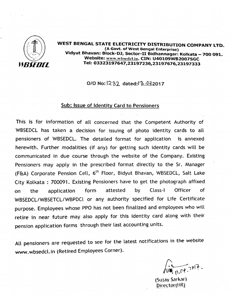 WBSEDCL Pensioners Identity Card | PDF