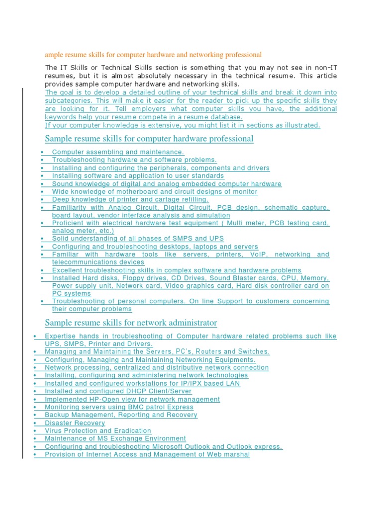 Sample Resume Skills For Computer Hardware and Networking Professional ...