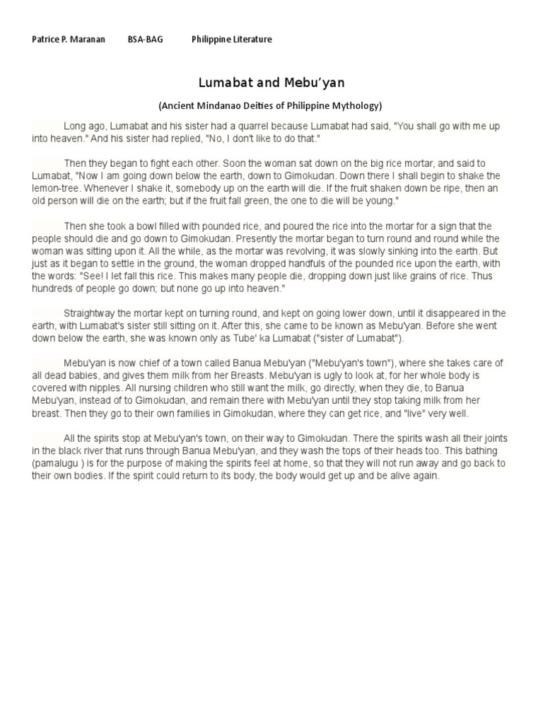 Lumabat and Mebu'yan: (Ancient Mindanao Deities of Philippine Mythology ...